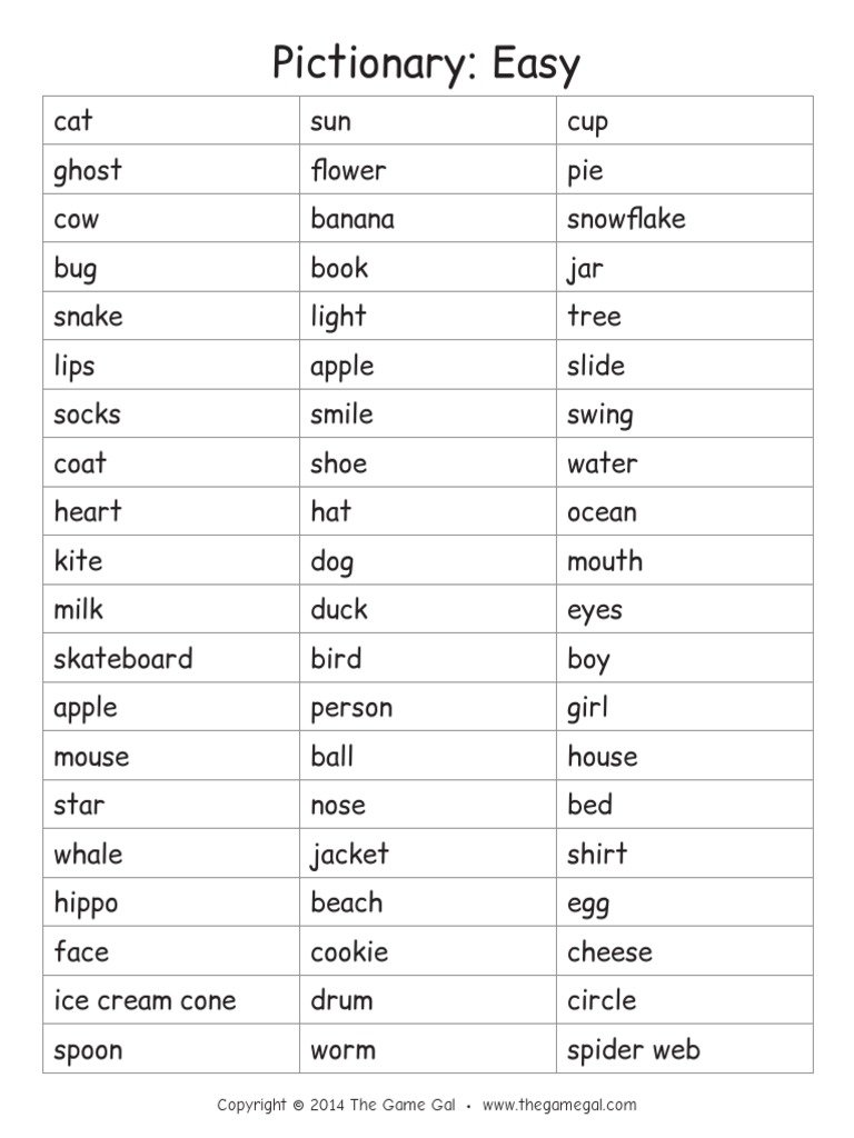 List of Pictionary Words Easy Difficulty | PDF