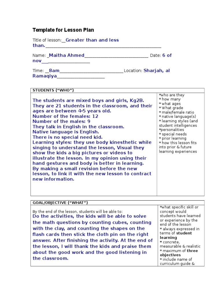Template For Lesson Plan | PDF | Learning Styles | Lesson Plan