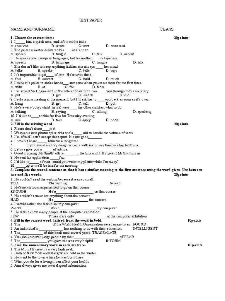 Test Paper Name and Surname: Class | PDF | Languages