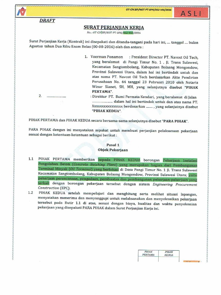 Draft Kontrak 0001 | PDF