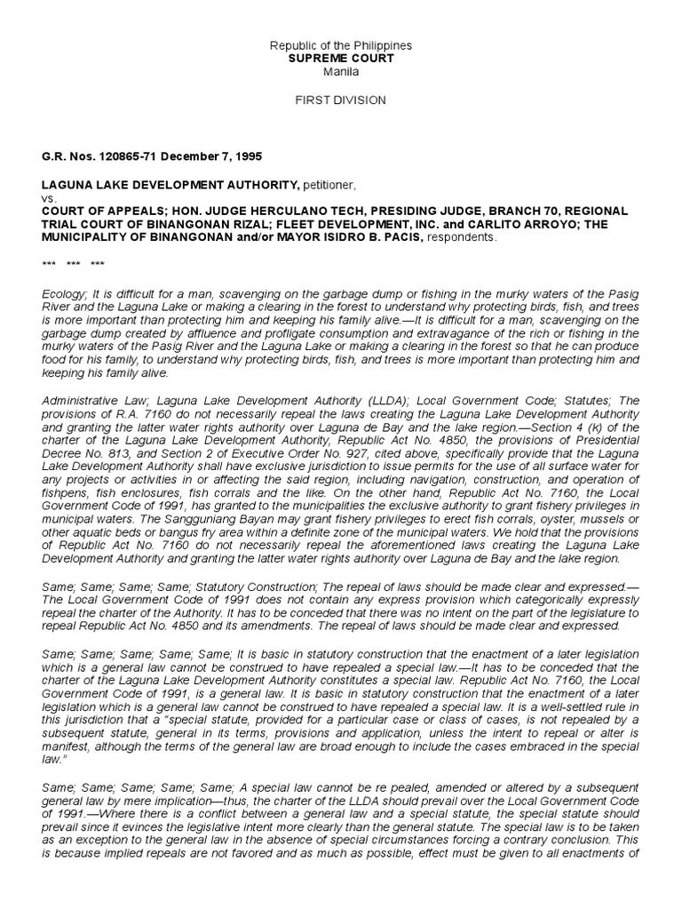 Laguna Lake Development Authority vs. CA (December 1995 ...