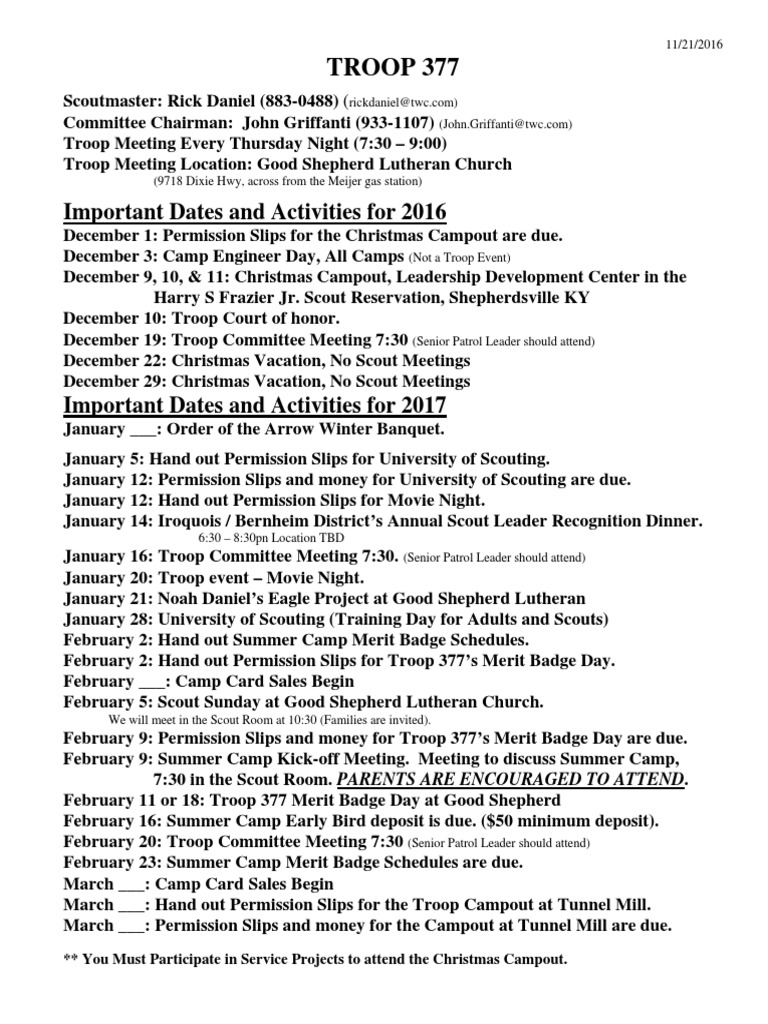 Troop 377 Activities For 2016 - 2017a | PDF | Youth Organizations ...