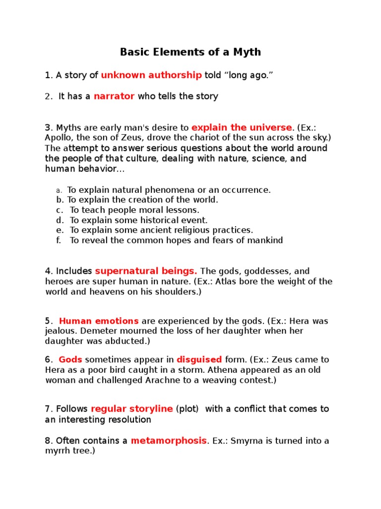 Key Features of Myths for Grade 5 | PDF