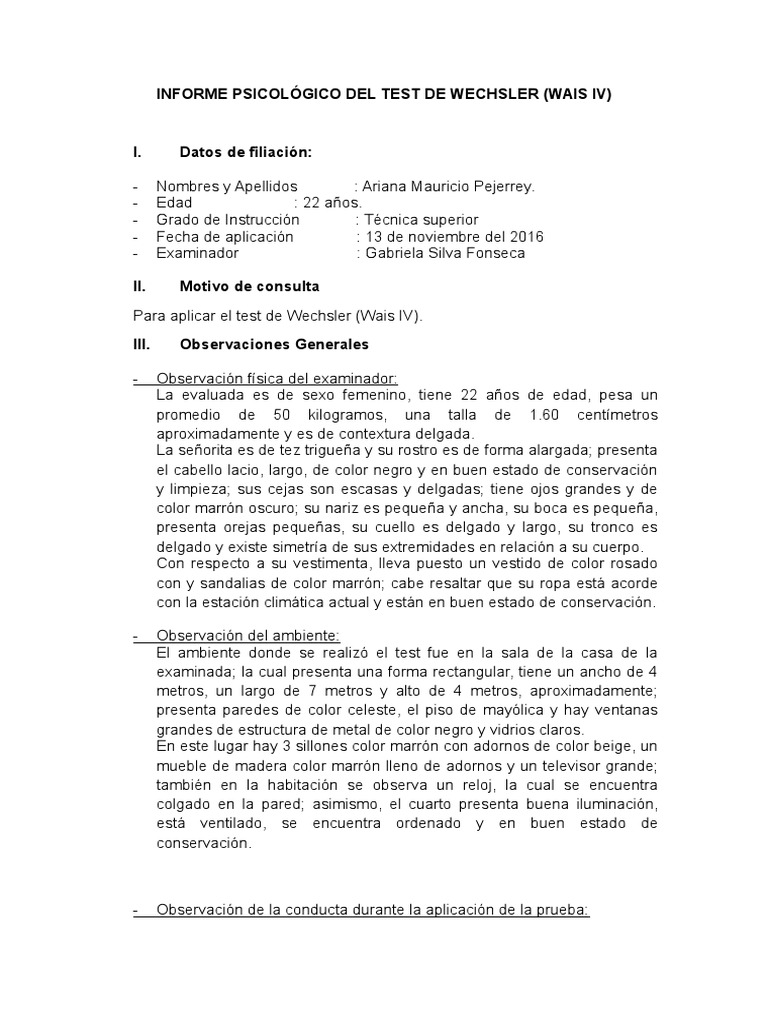 Informe Psicológico Del Test de Wechsler | PDF | Escala de inteligencia ...