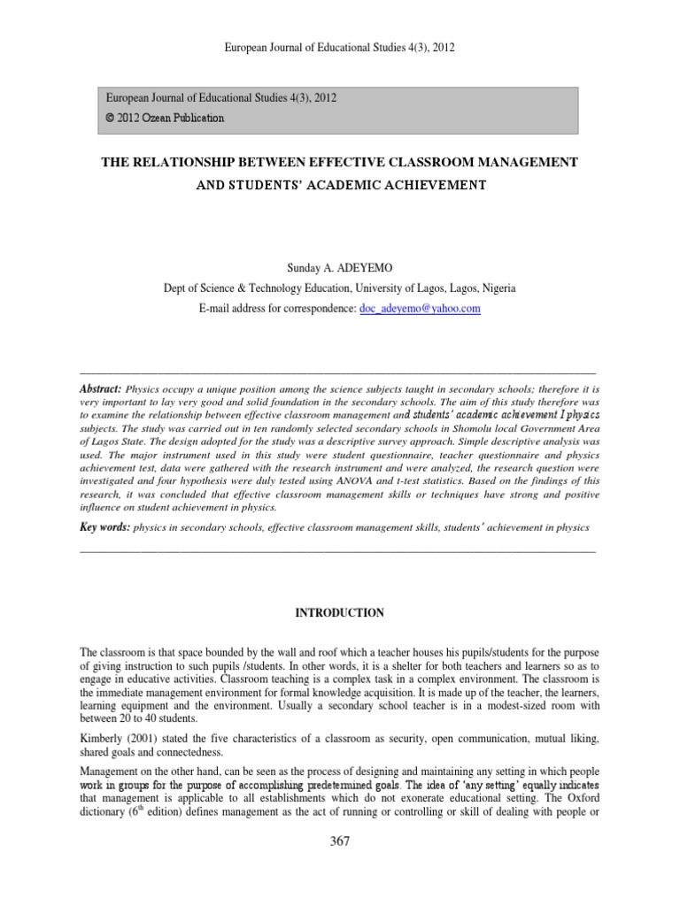 Adeyemo, A. (2012) .The Relationship Between Effective Classroom ...