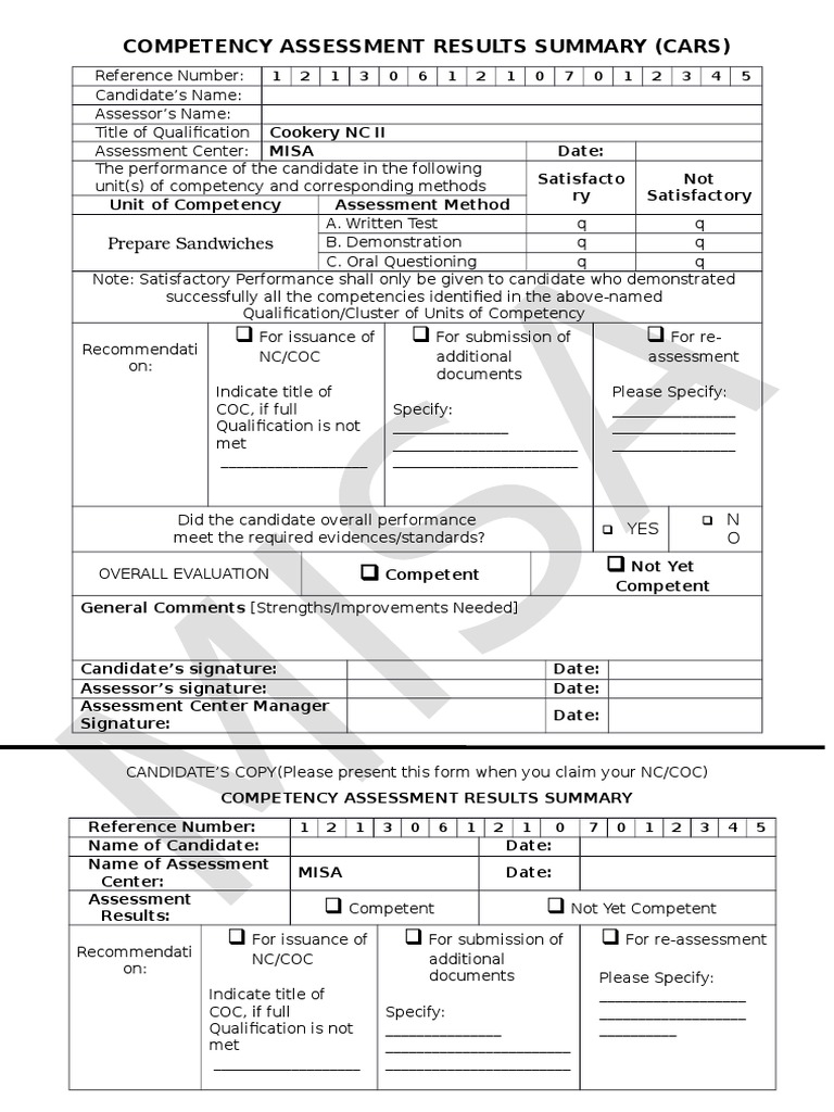 Competency Assessment Results Summary (Cars) : Prepare Sandwiches | PDF
