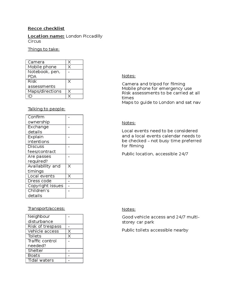 Recce Checklist Location Name: London Piccadilly | PDF