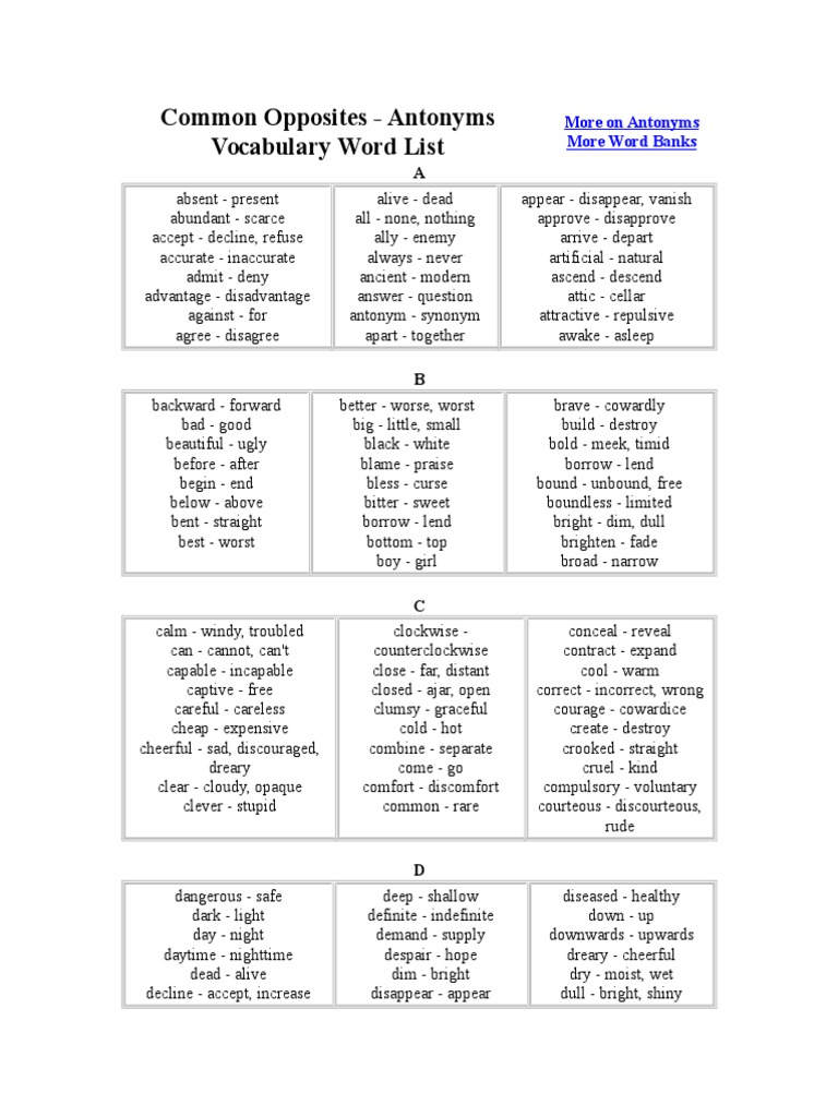 Common Opposites - Antonyms Vocabulary Word List | PDF | Language Arts ...