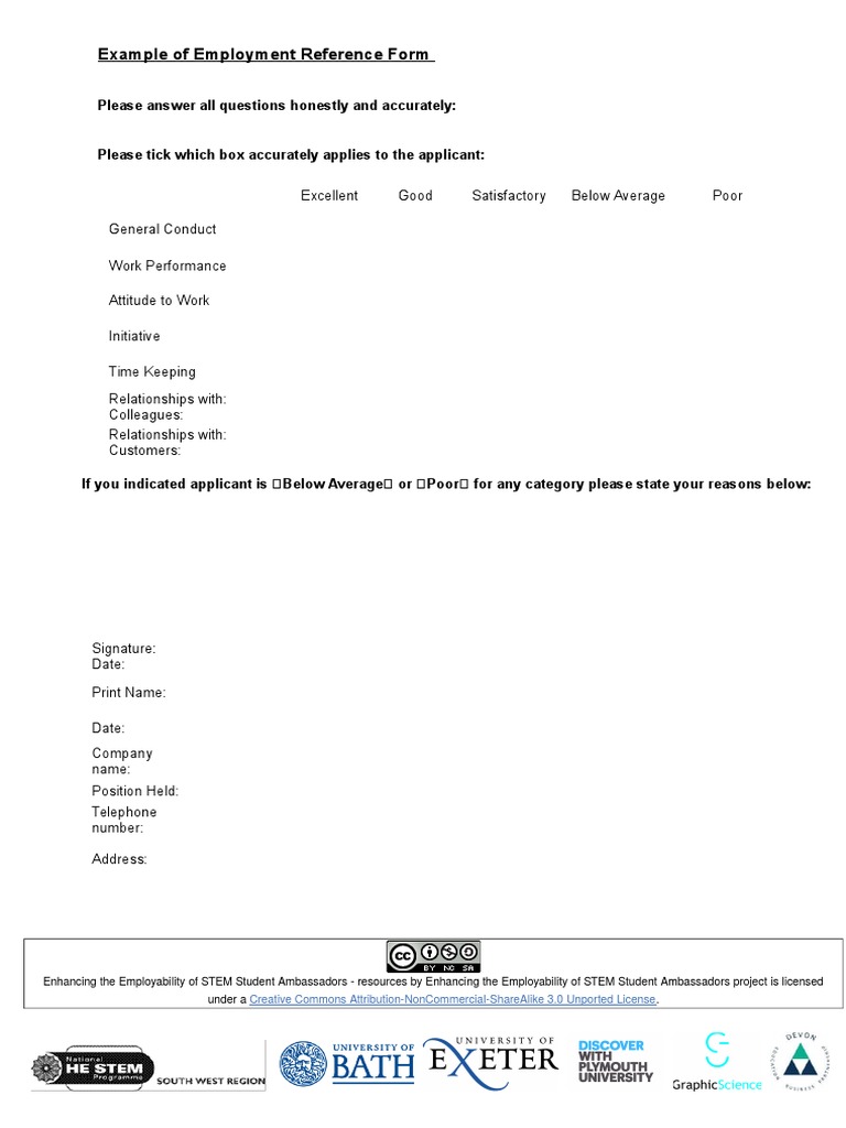 Example of Employment Reference Form: Please Answer All Questions ...