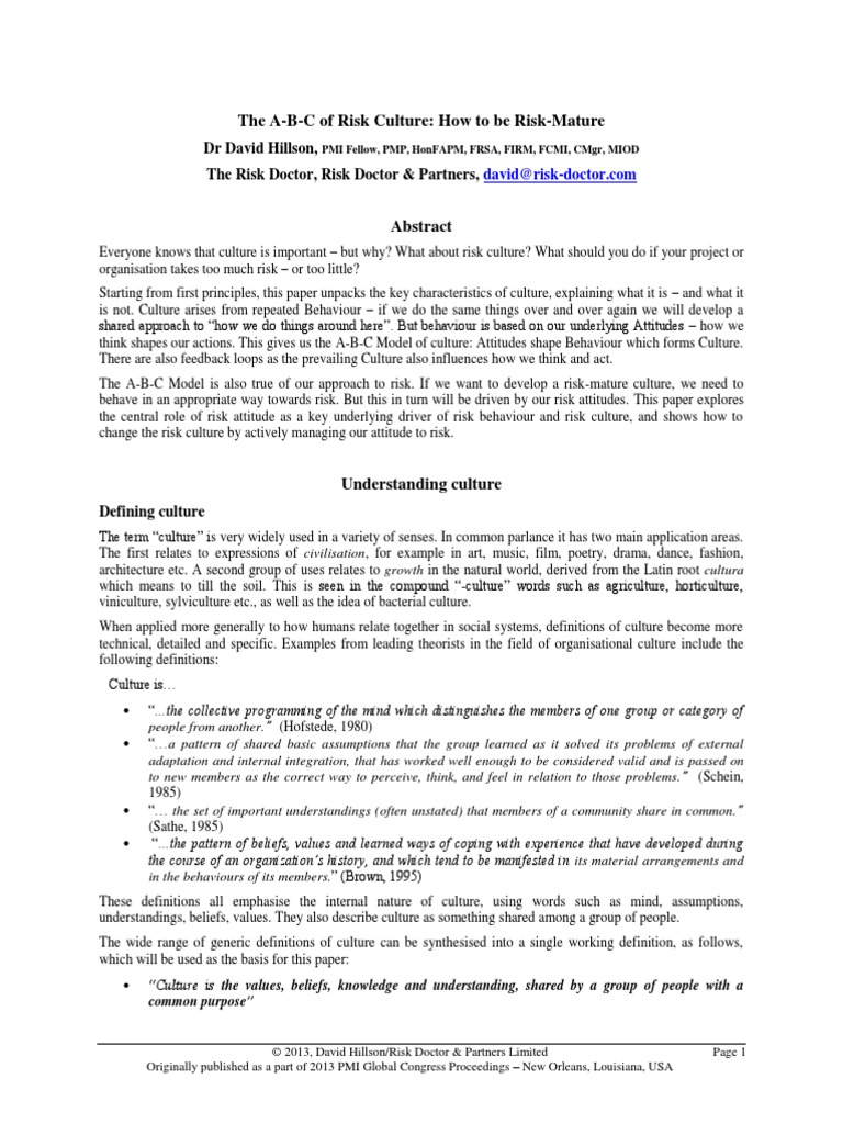 13 - ABC of Risk Culture - Hillson Paper | PDF | Attitude (Psychology ...