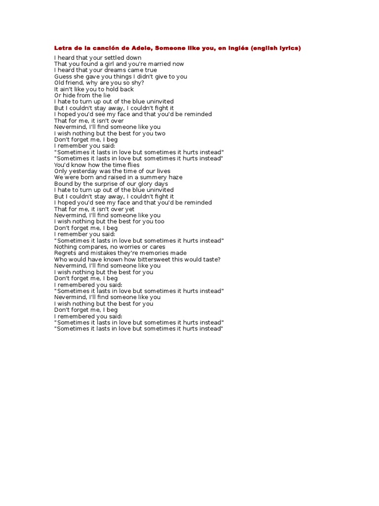 Letra de La Canción de Adele, Someone Like You, en Inglés (English Lyrics) | PDF | Leisure ...