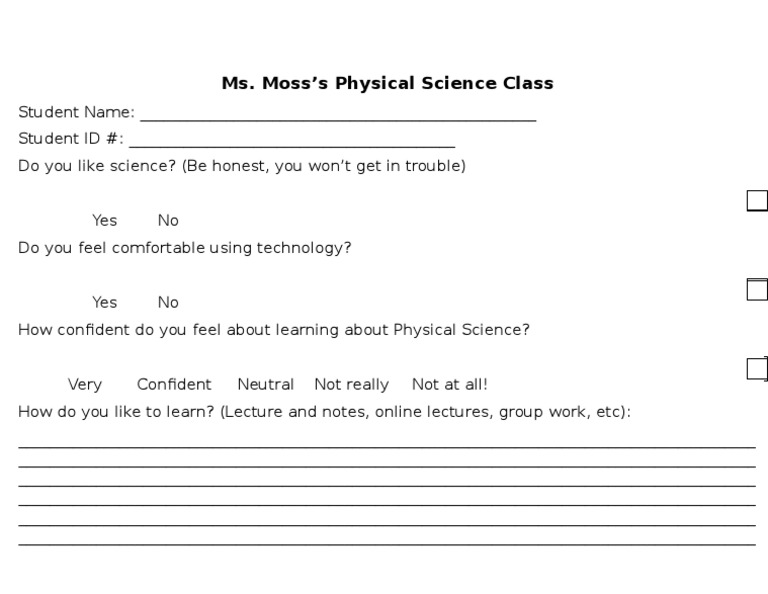 Physical Science Class Student Survey | PDF