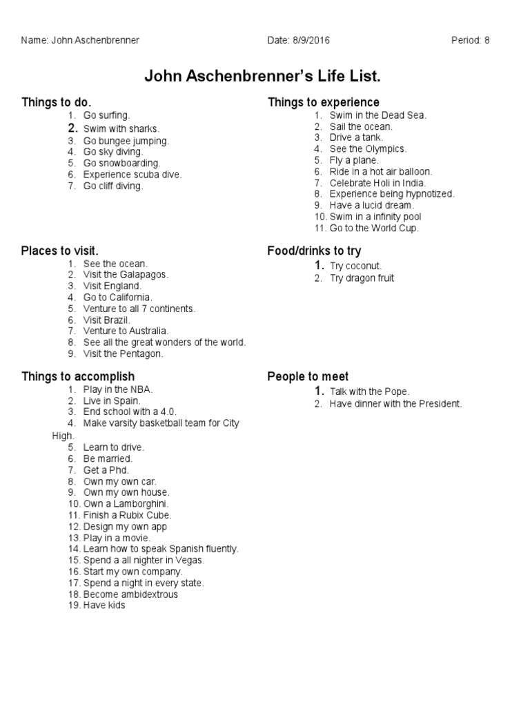 Adventure Seeker's Bucket List | PDF | Language Arts & Discipline ...
