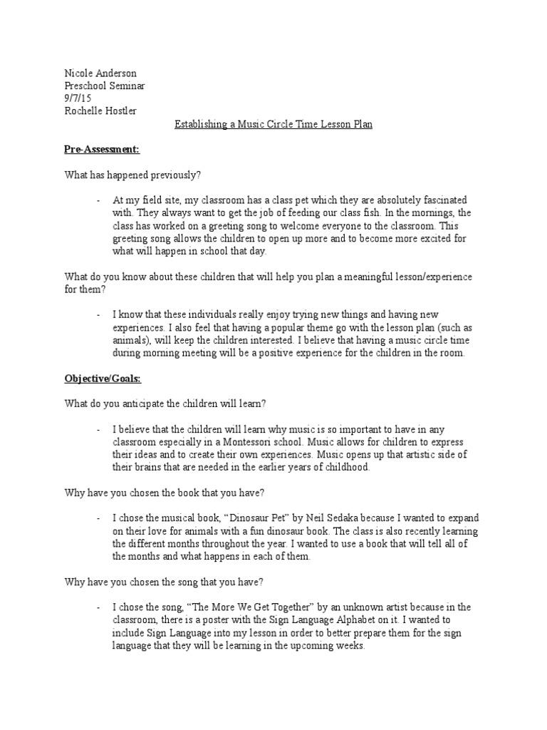 Music Circle Time Lesson Plan | PDF | Classroom | Musical Theatre