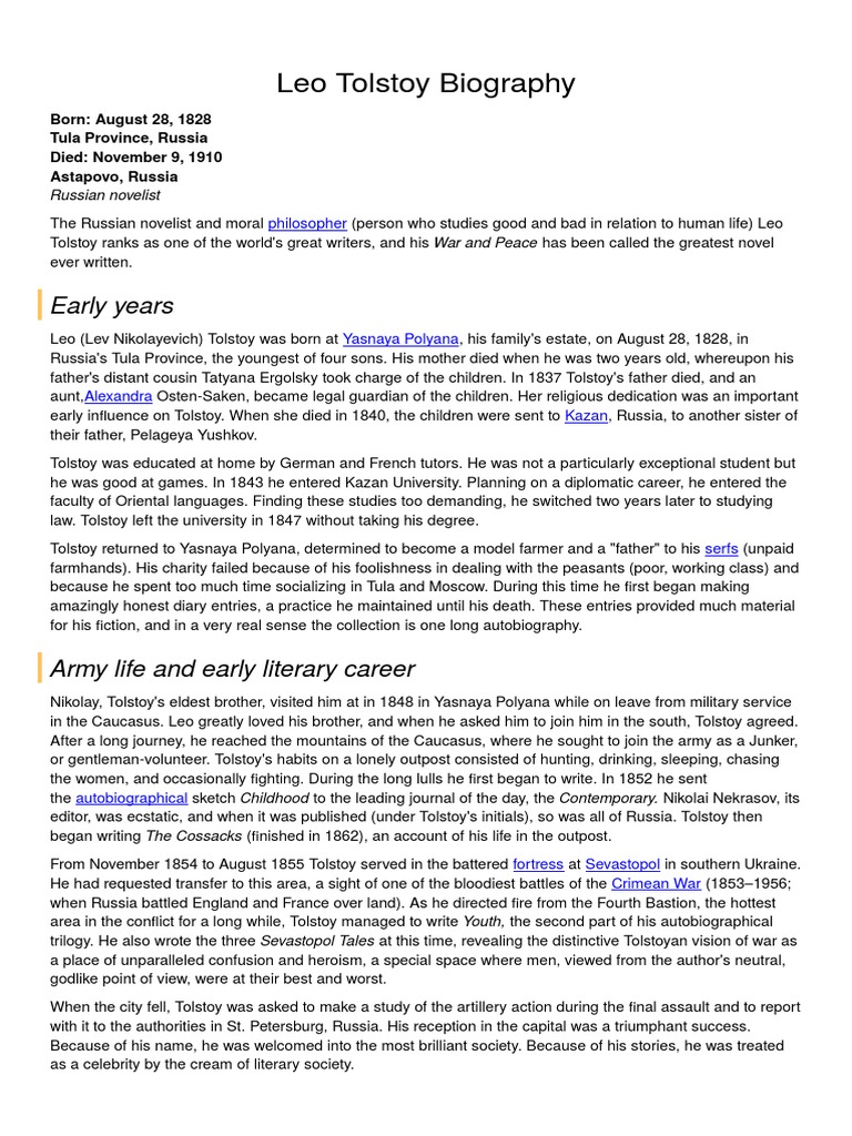 Leo Tolstoy Biography | Leo Tolstoy | War And Peace