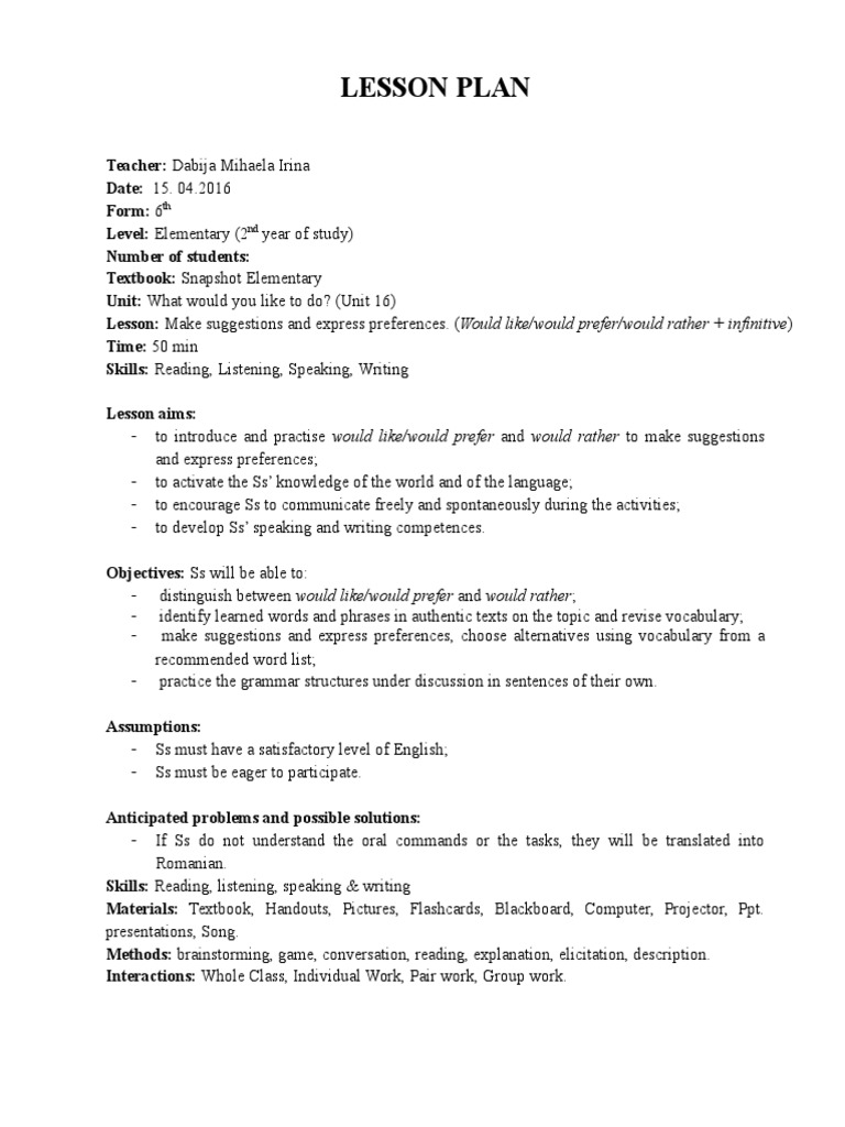 0 Lesson Plan Would Like | Download Free PDF | Lesson Plan | Reading ...