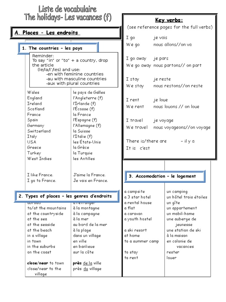 vocabulaire les vacances yr9 | Leisure
