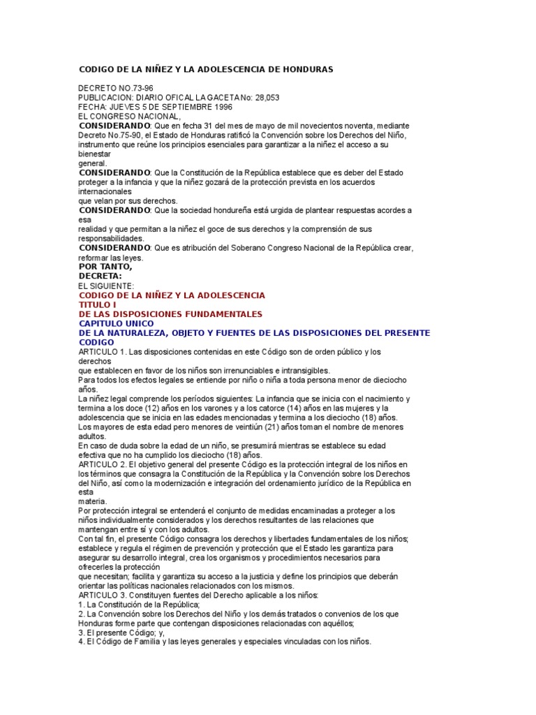 Codigo de La Niñez y La Adolescencia de Honduras | Adopción | Familia