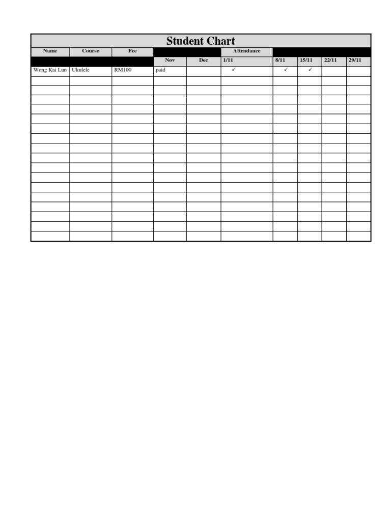 Student Chart: Name Course Fee Attendance Nov Dec 1/11 8/11 15/11 22/11 ...