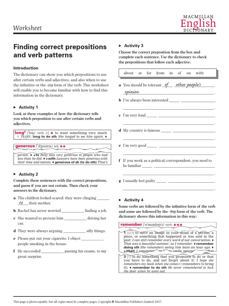 Worksheet5 Prepositions | PDF | Verb | Adjective