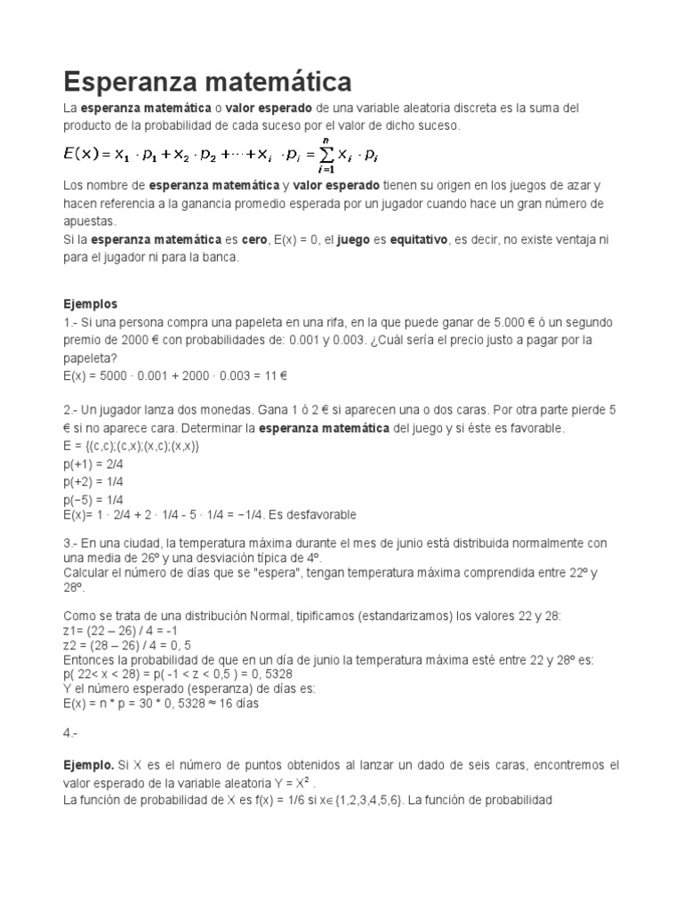 Esperanza Matemática | PDF | Valor esperado | Variable aleatoria