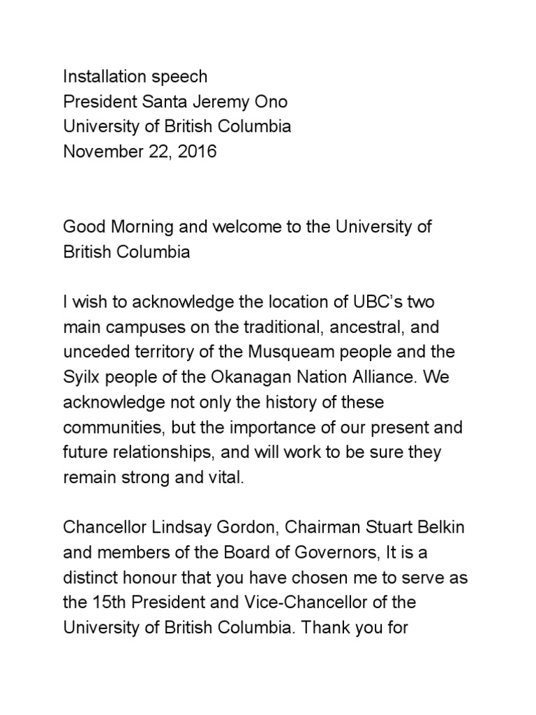 UBC President Santa Ono's Installation Speech | PDF | Strategic ...