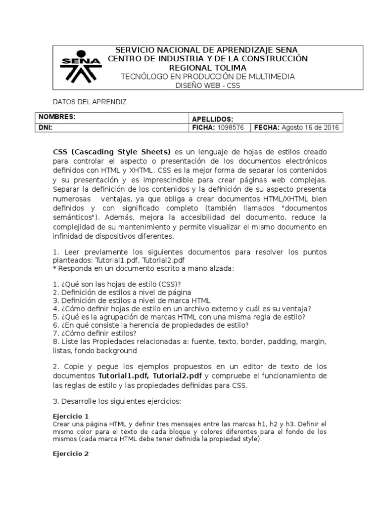 Ejercicios Css Pdf Hojas De Estilo En Cascada Html