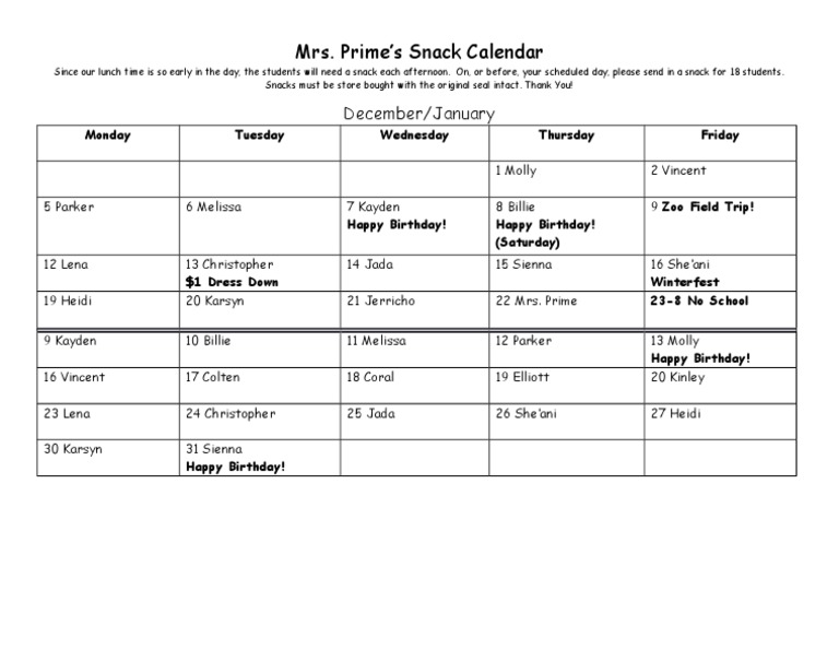 Mrs. Prime's Snack Schedule 2023 | PDF | Leisure