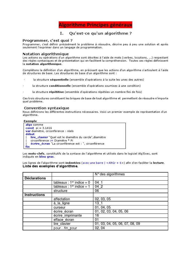 Algorithme Principes Généraux | PDF | Variable (informatique) | SQL
