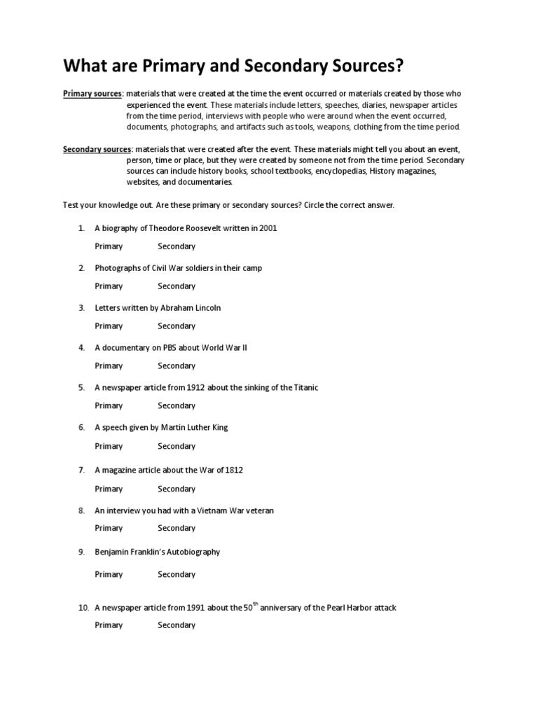 Primary V Secondary Source Worksheet | PDF