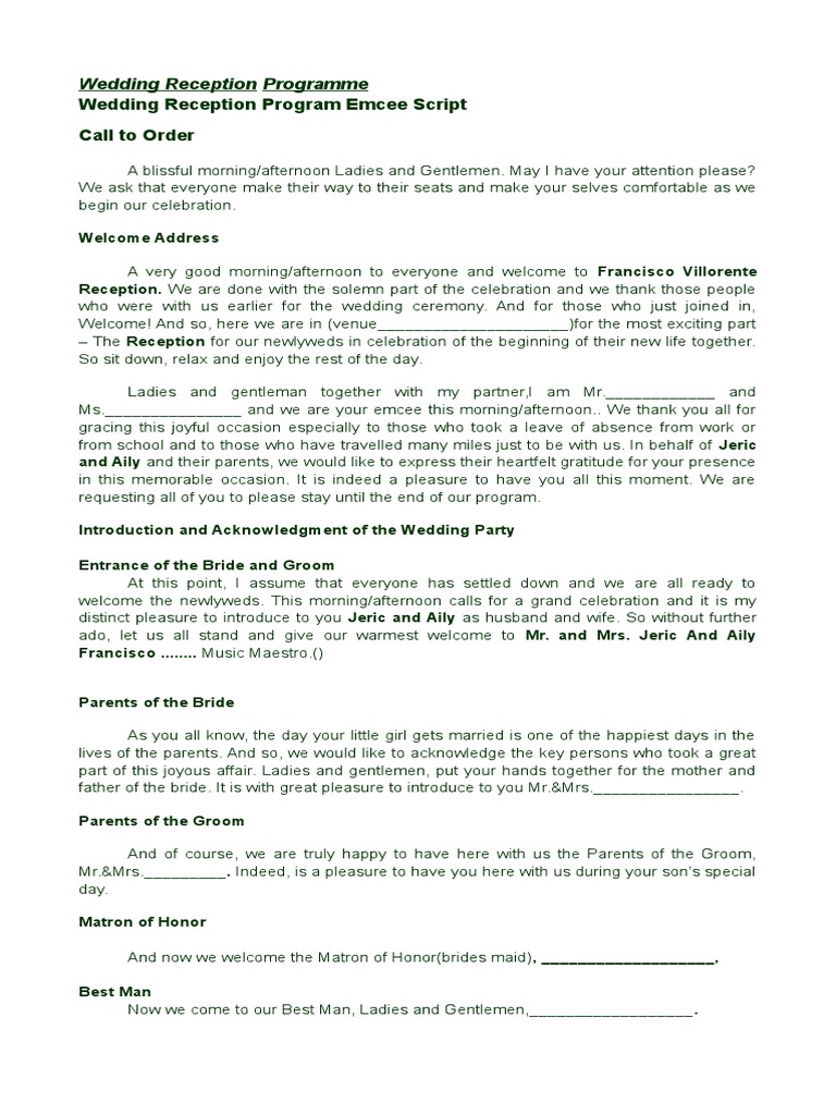Wedding Reception Programme Script | PDF | Wedding | Bridesmaid