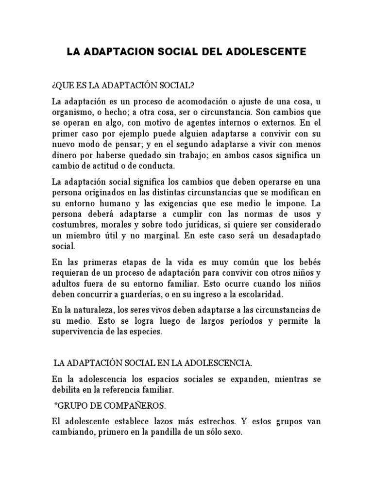 La Adaptacion Social Del Adolescente | PDF | Adaptación | Adolescencia