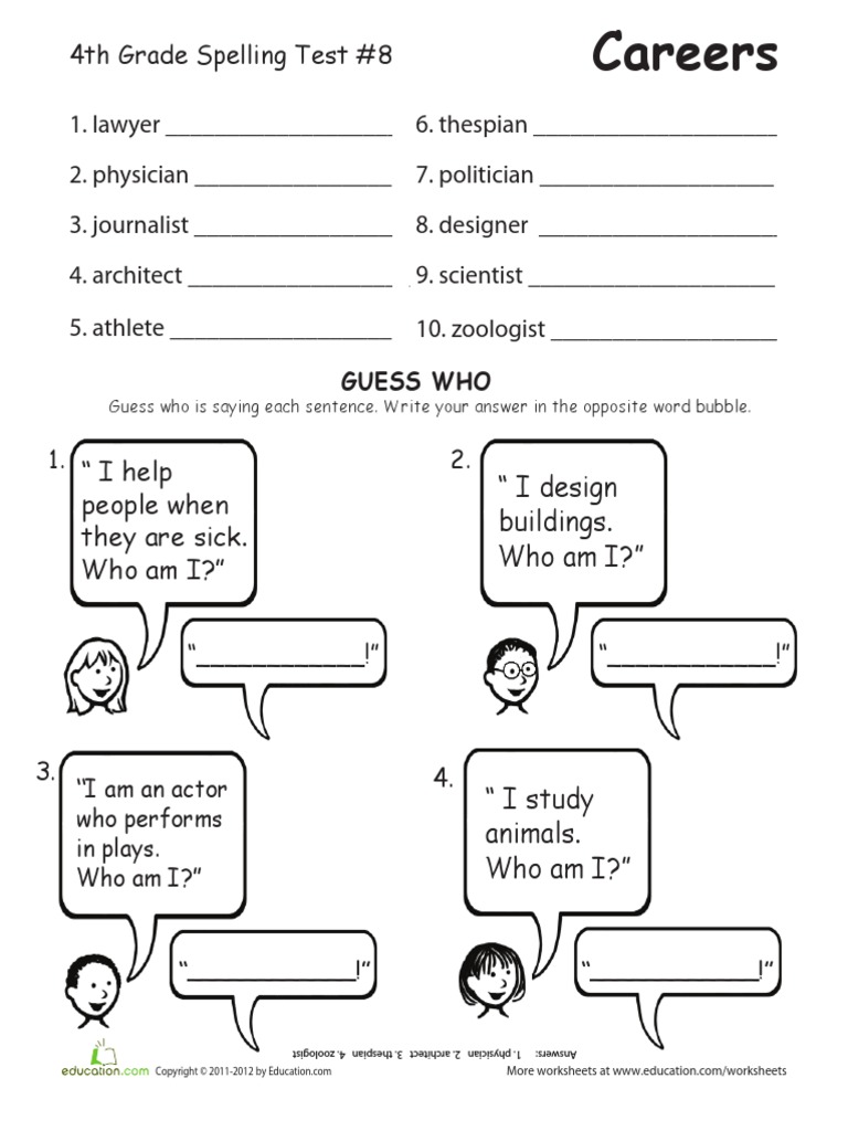 " I Help People When They Are Sick. Who Am I?": 4th Grade Spelling Test ...