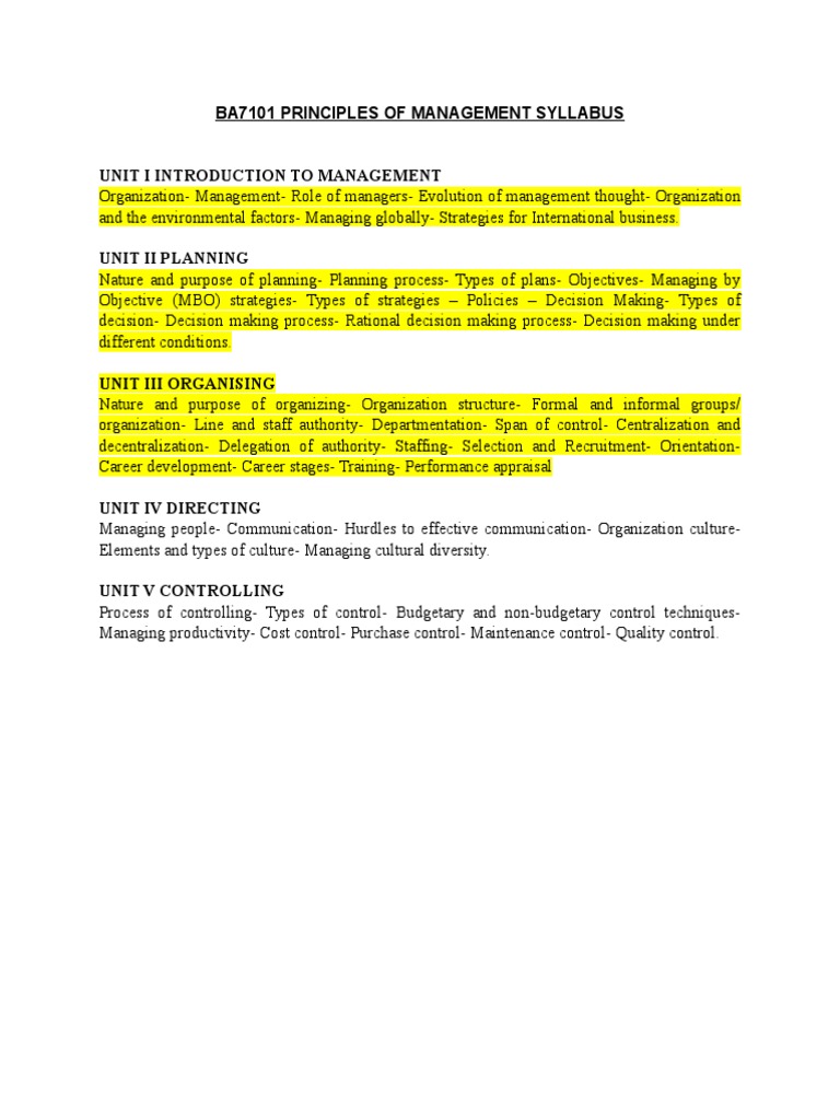 Ba7101 Principles of Management Syllabus | PDF
