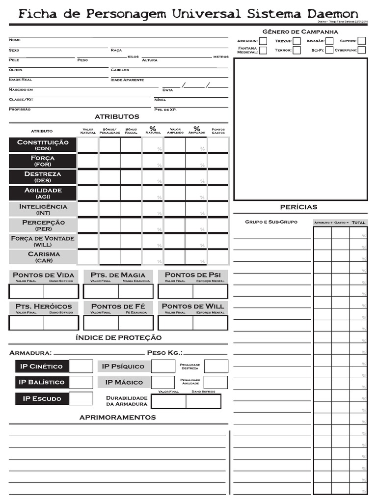 Daemon Ficha de Personagem Universal v. Thiago Flores Barbosa Biblioteca Lfica | PDF