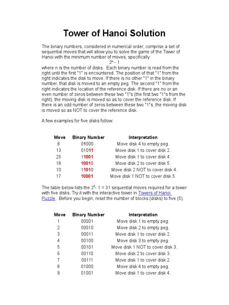 Tower of Hanoi Solution: Move Binary Number Interpretation