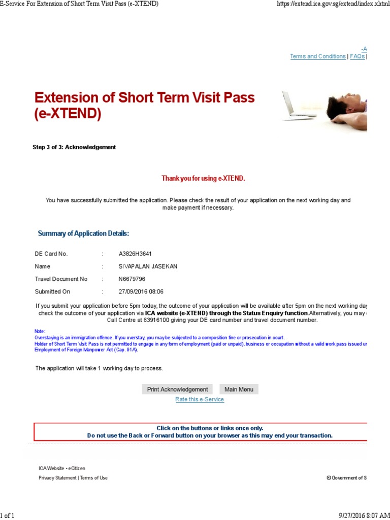 Extension of Short Term Visit Pass (e-XTEND) : Summary of Application ...