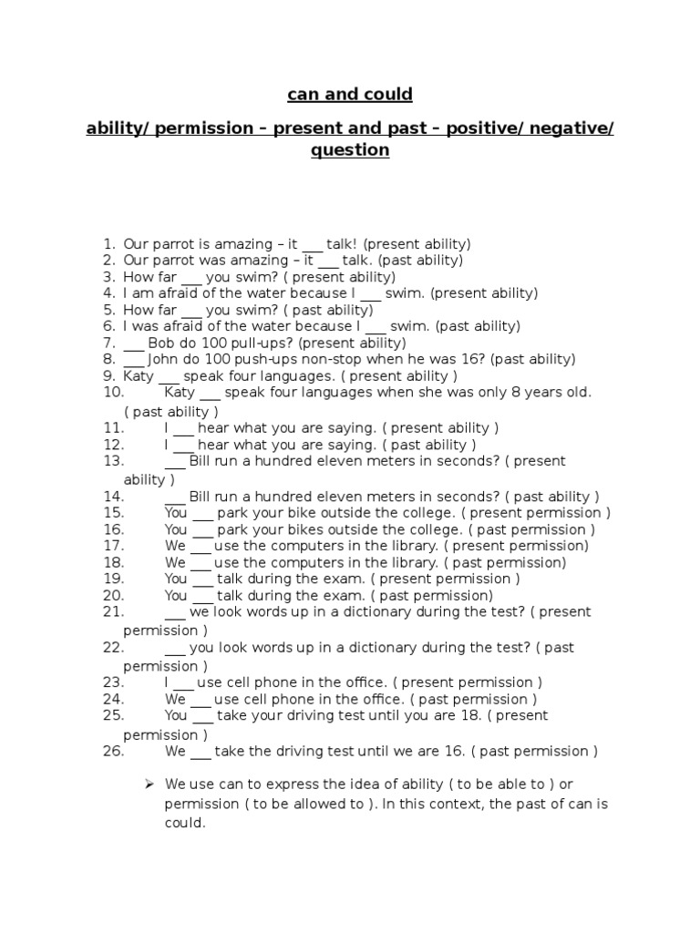 Can and Could Ability/ Permission - Present and Past - Positive ...