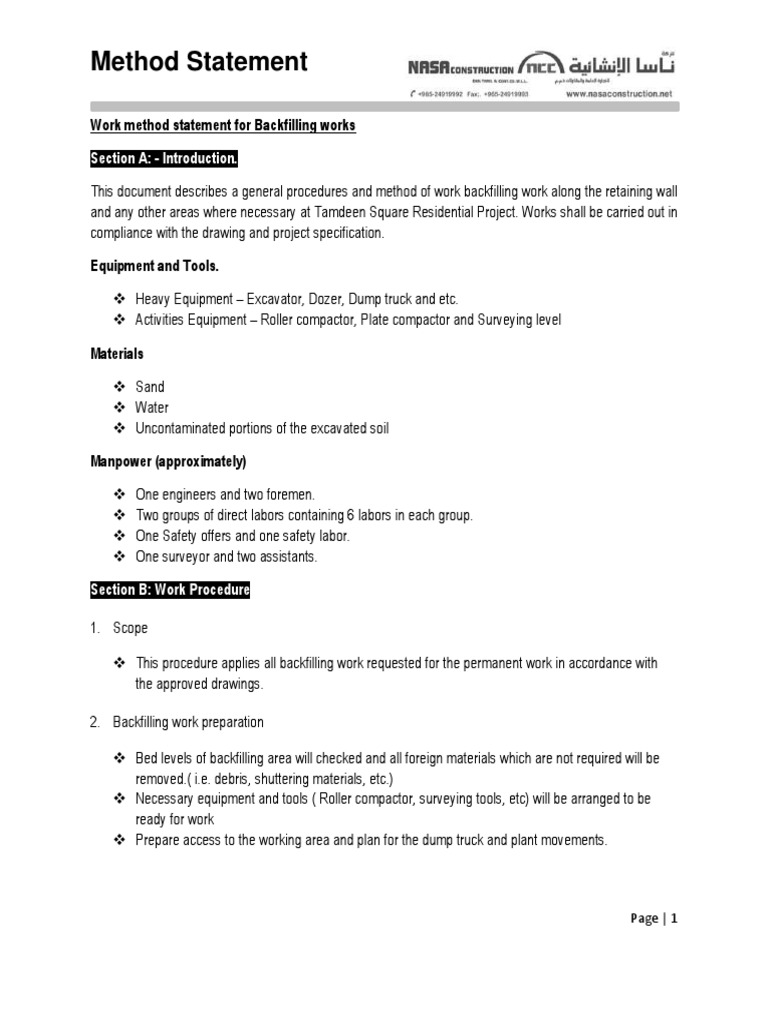 Method Statement For Backfilling Works | PDF | Industries | Engineering