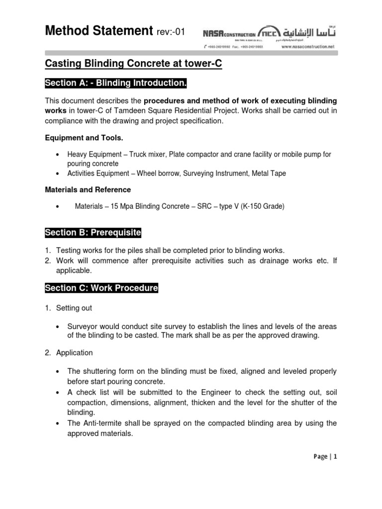 Method Statement For Casting Blinding Concrete | PDF | Surveying | Concrete