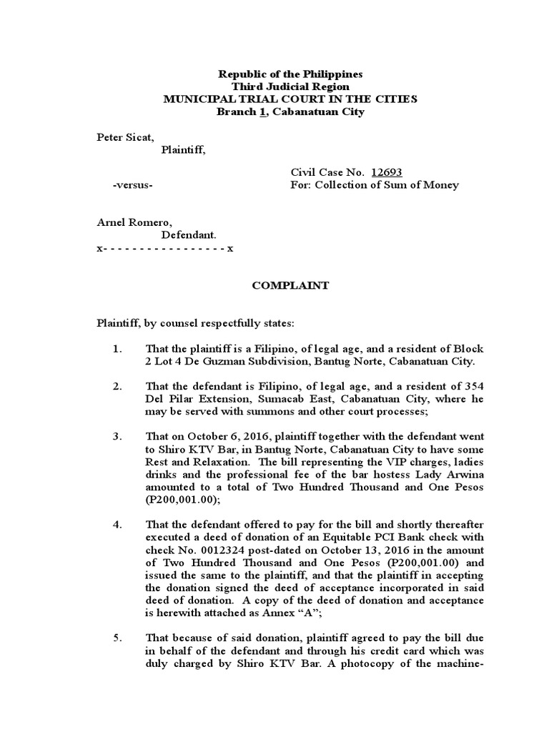 Complaint for Collection of Money | PDF | Cheque | Complaint
