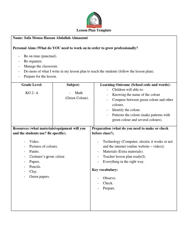 green colour lesson plan | Lesson Plan | Preschool