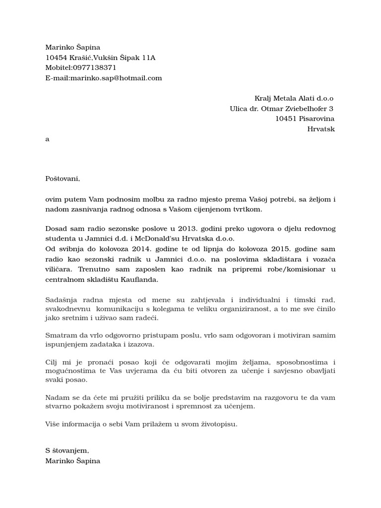 Molba Za Posao Kralj Metala | PDF