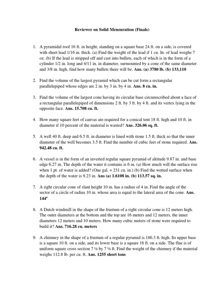 Solid Mensuration Review Problems | PDF | Sphere | Volume