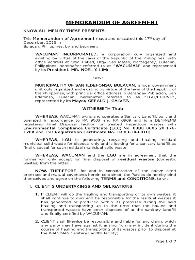Draft Moa | Waste Management | Indemnity