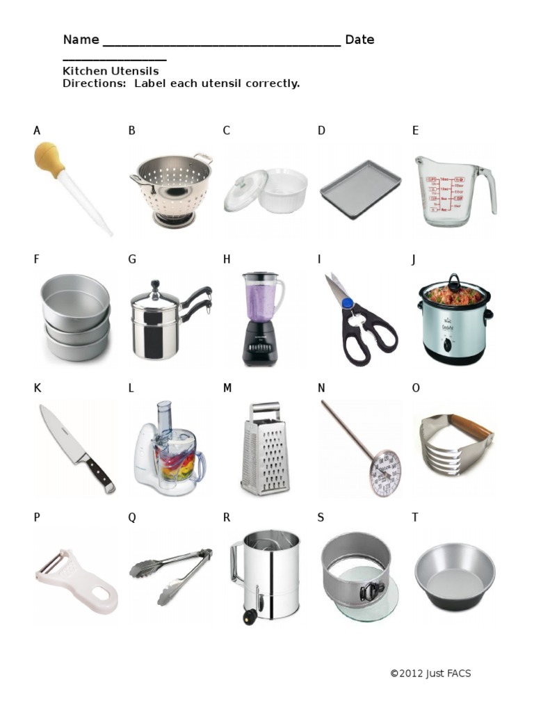 Kitchen Utensil Label Worksheet | PDF