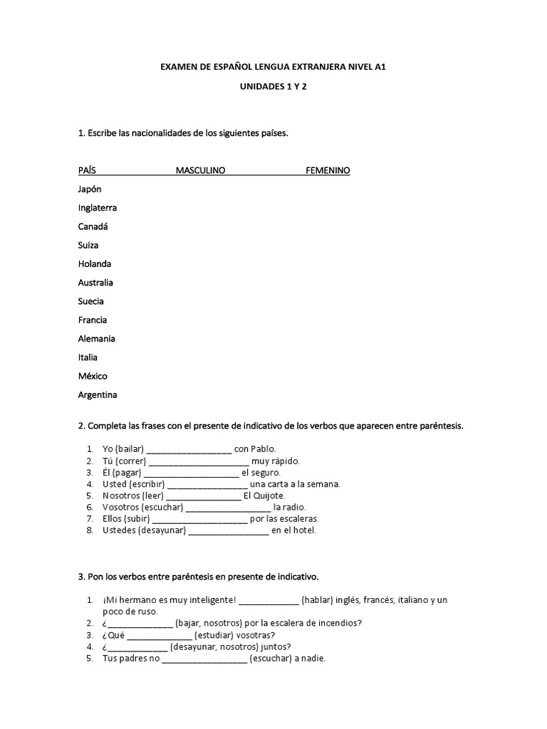 Examen de Español A1: Unidades 1 y 2 | PDF