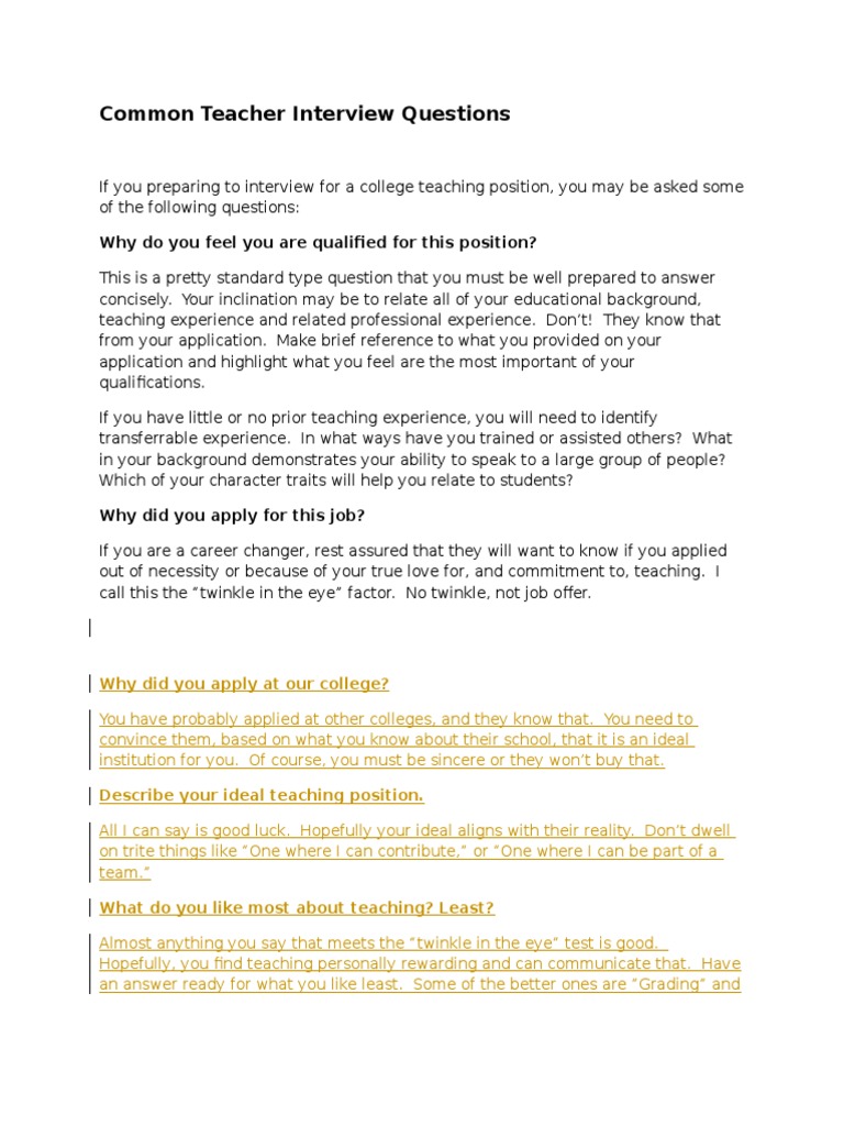 Common Teacher Interview Questions | PDF | Individualized Education ...