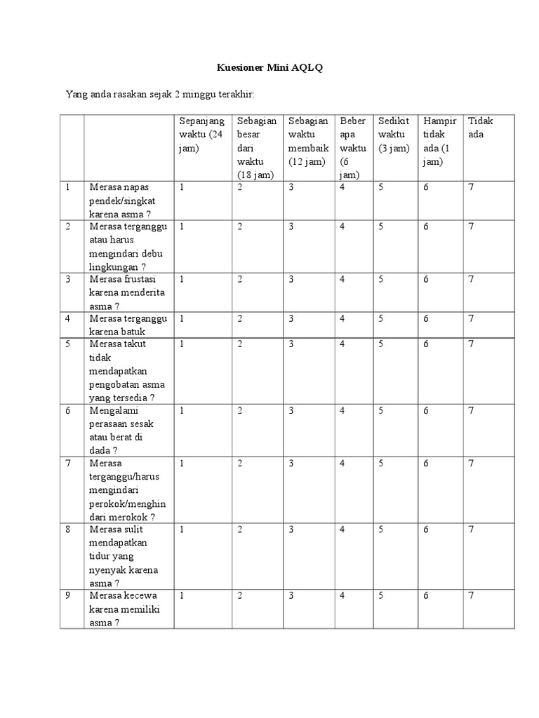 Kuesioner Mini AQLQ Edit | PDF