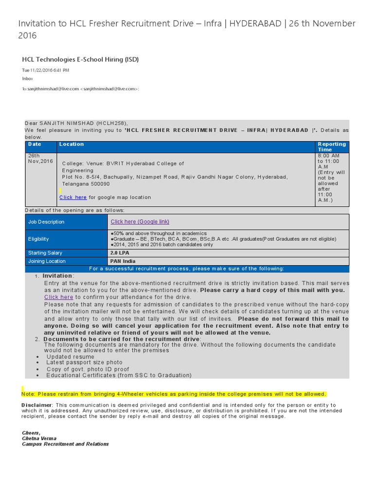 Invitation To HCL Fresher Recruitment Drive - Infra - HYD.. | PDF ...